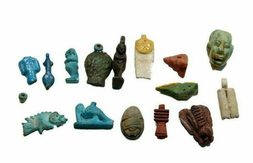 Lot of 15 Ancient Egyptian Faience, Stone Amulets Late