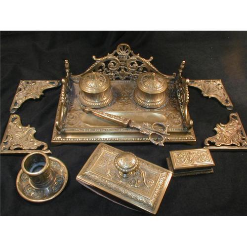 19th Century Antique Brass Ink Stand Desk Set #831967