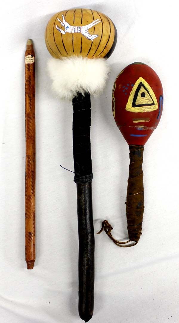 2 Native American Rattles & Carved Wood Pipe Stem