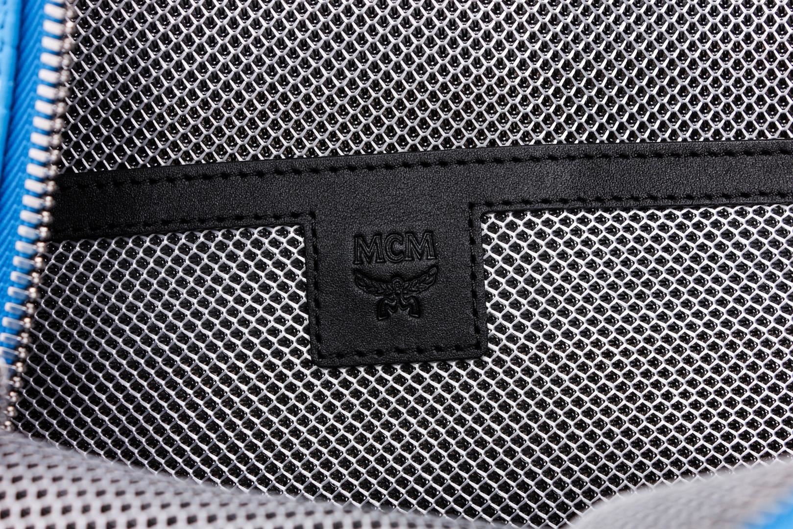 MCM Blue White Visetos Leather Medium Stark Backpack
