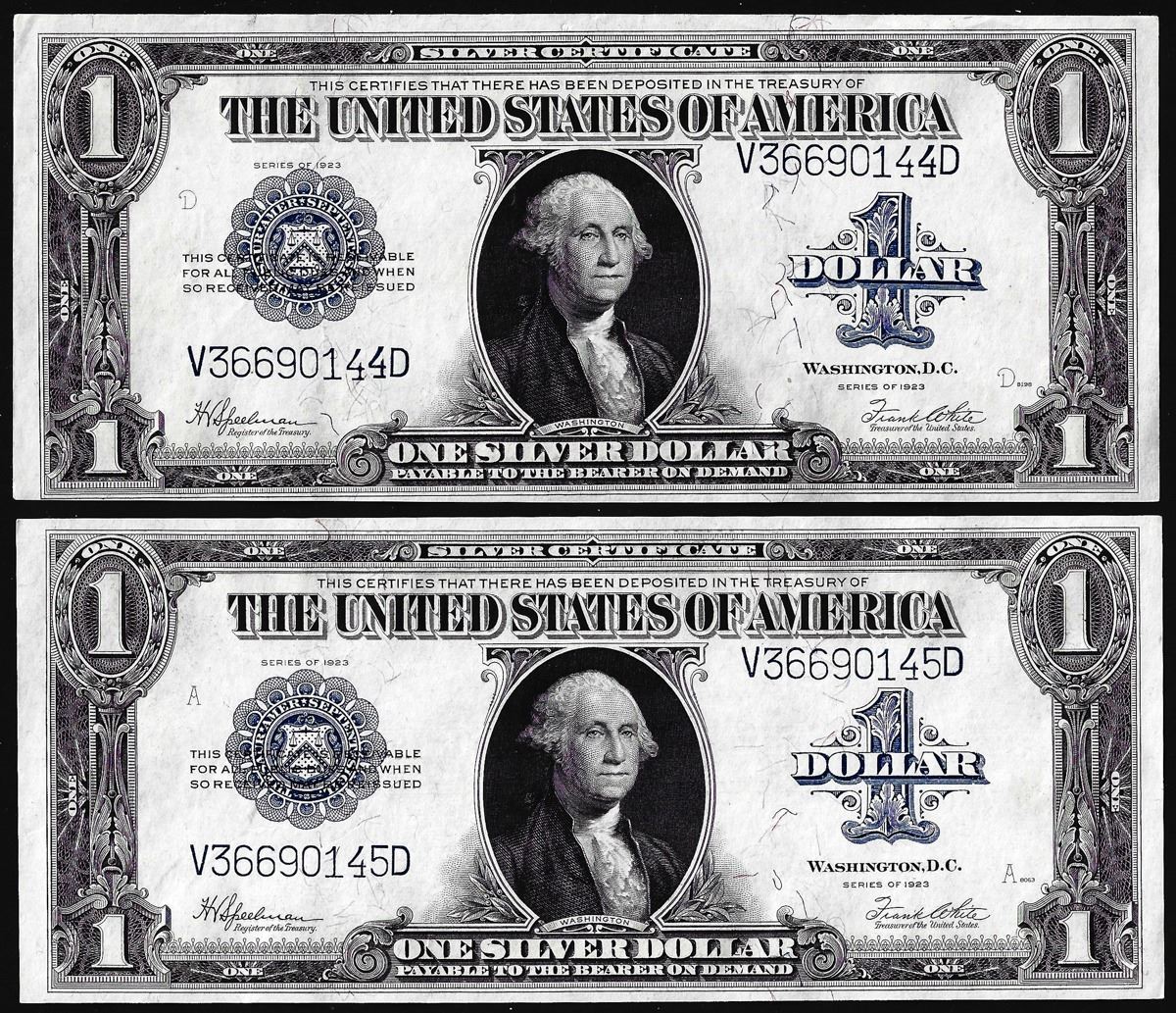 Lot Of 2 Consecutive 1923 1 Silver Certificate Notes Lot Of 2 Consecutive 1923 1 Silver Certificate Notes