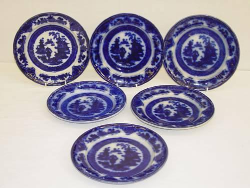 SET (6) 8 3/4 FLOW BLUE TEMPLE PATTERN