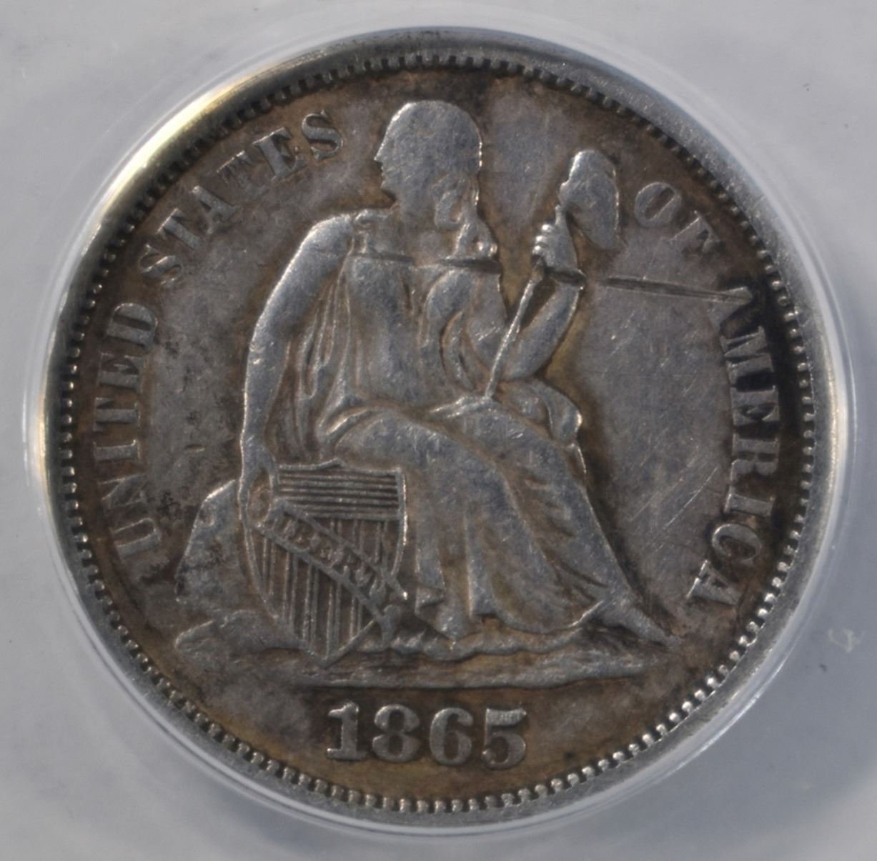 1865-S SEATED DIME ANACS AU-50 DETAILS SCRATCHED