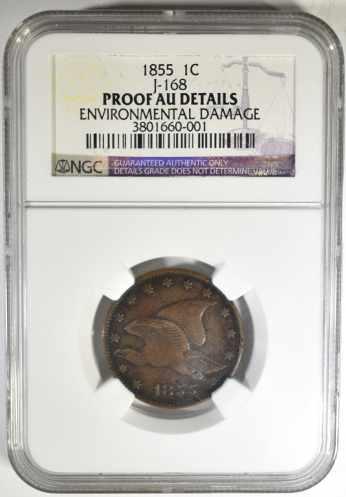 1855 LARGE CENT PATTERN J-168 NGC PROOF AU DET