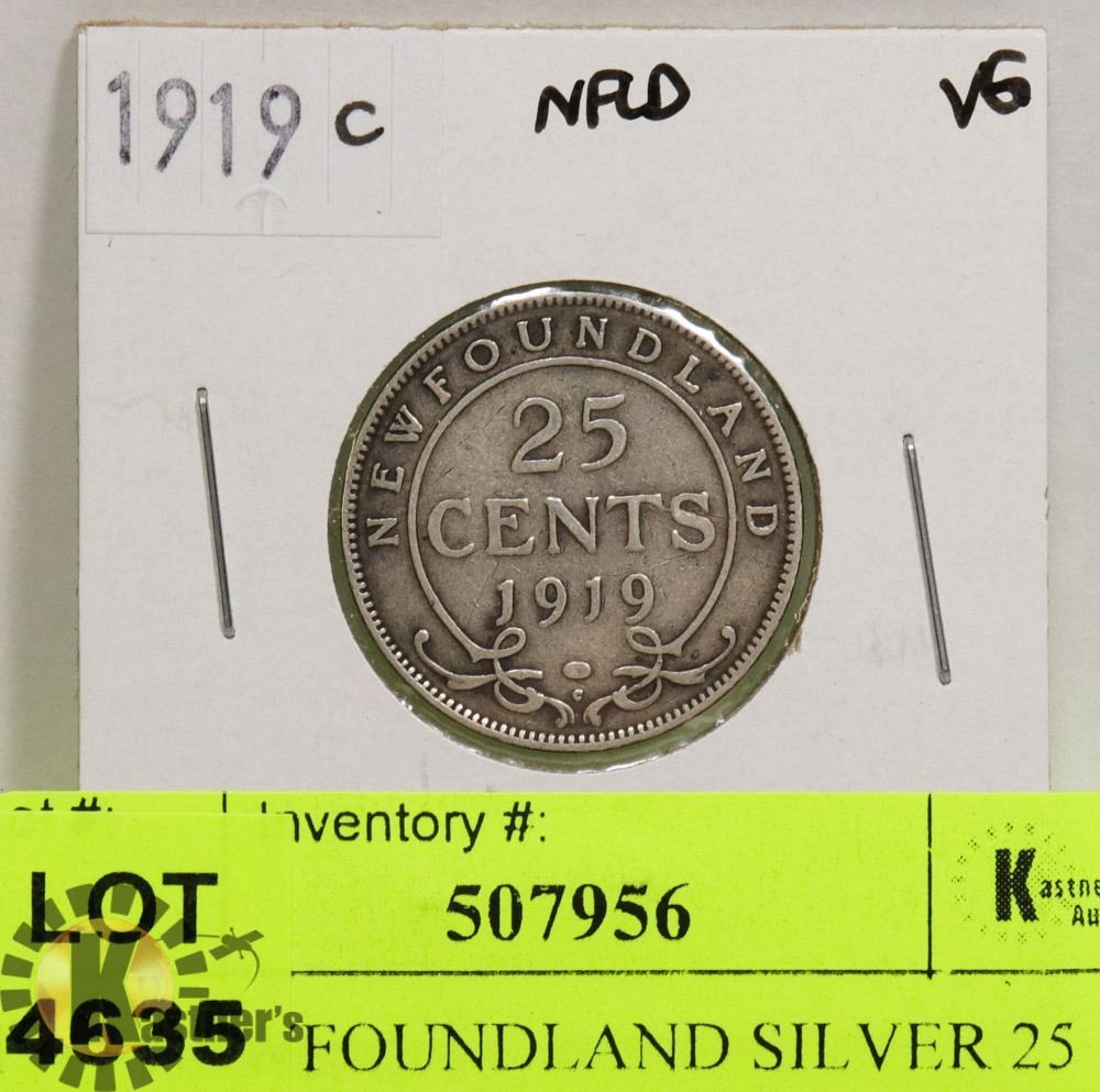 1919 NEWFOUNDLAND SILVER 25 CENT COIN