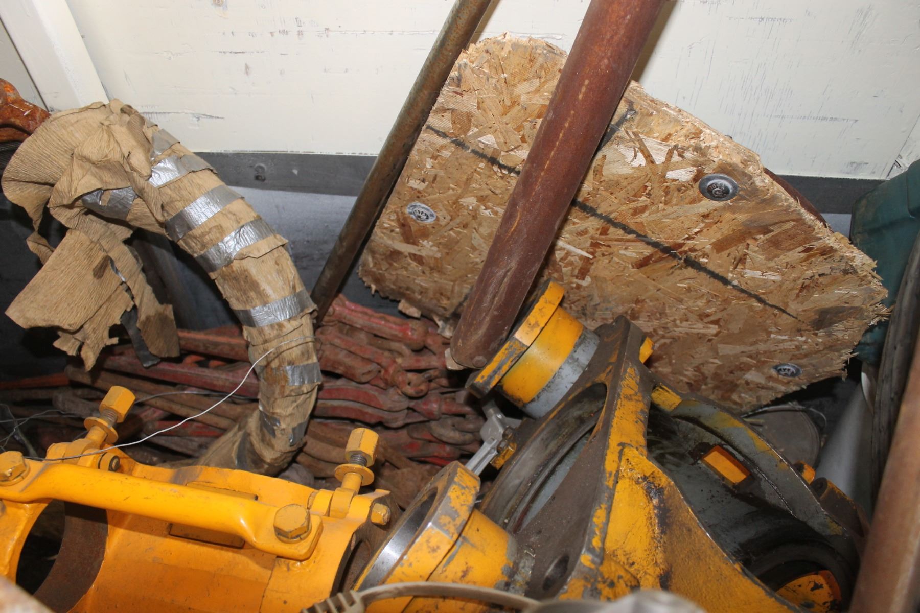 PIPE CONNECTORS, 6 PAILS OF RANDOM BOLTS, PIPE FLANGES, TOOLBOX, 2 ...