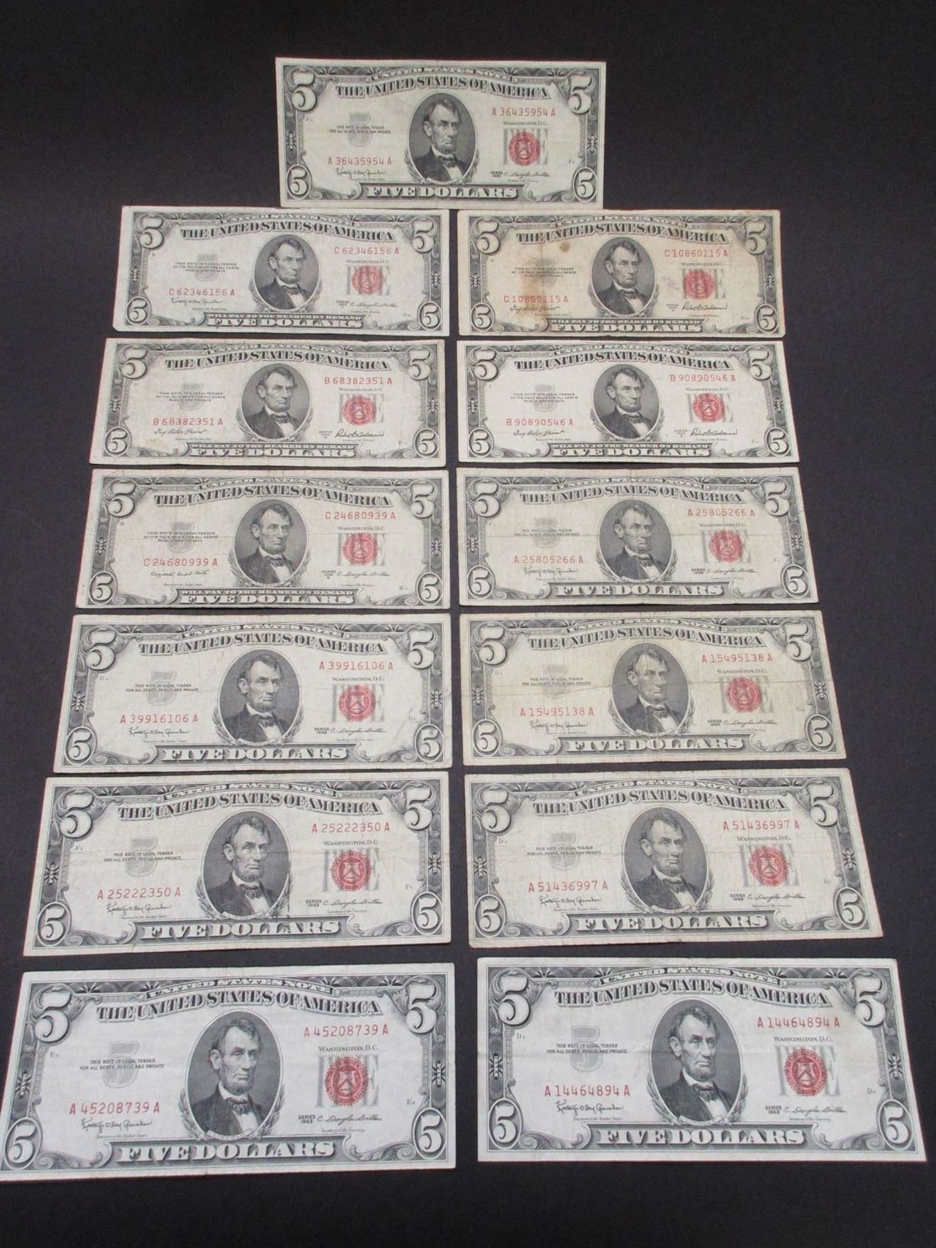 13 Red Seal 5 Dollar Bills- 3 1953A- 1953B- 1953A- 8 1963