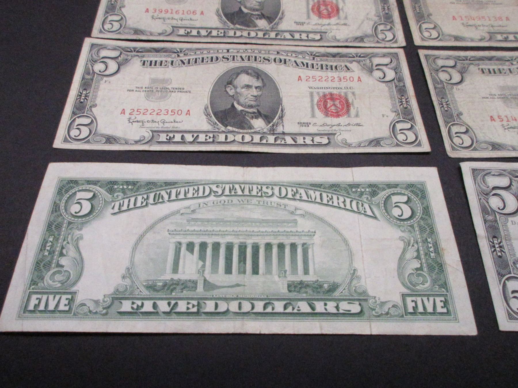 13 Red Seal 5 Dollar Bills- 3 1953A- 1953B- 1953A- 8 1963