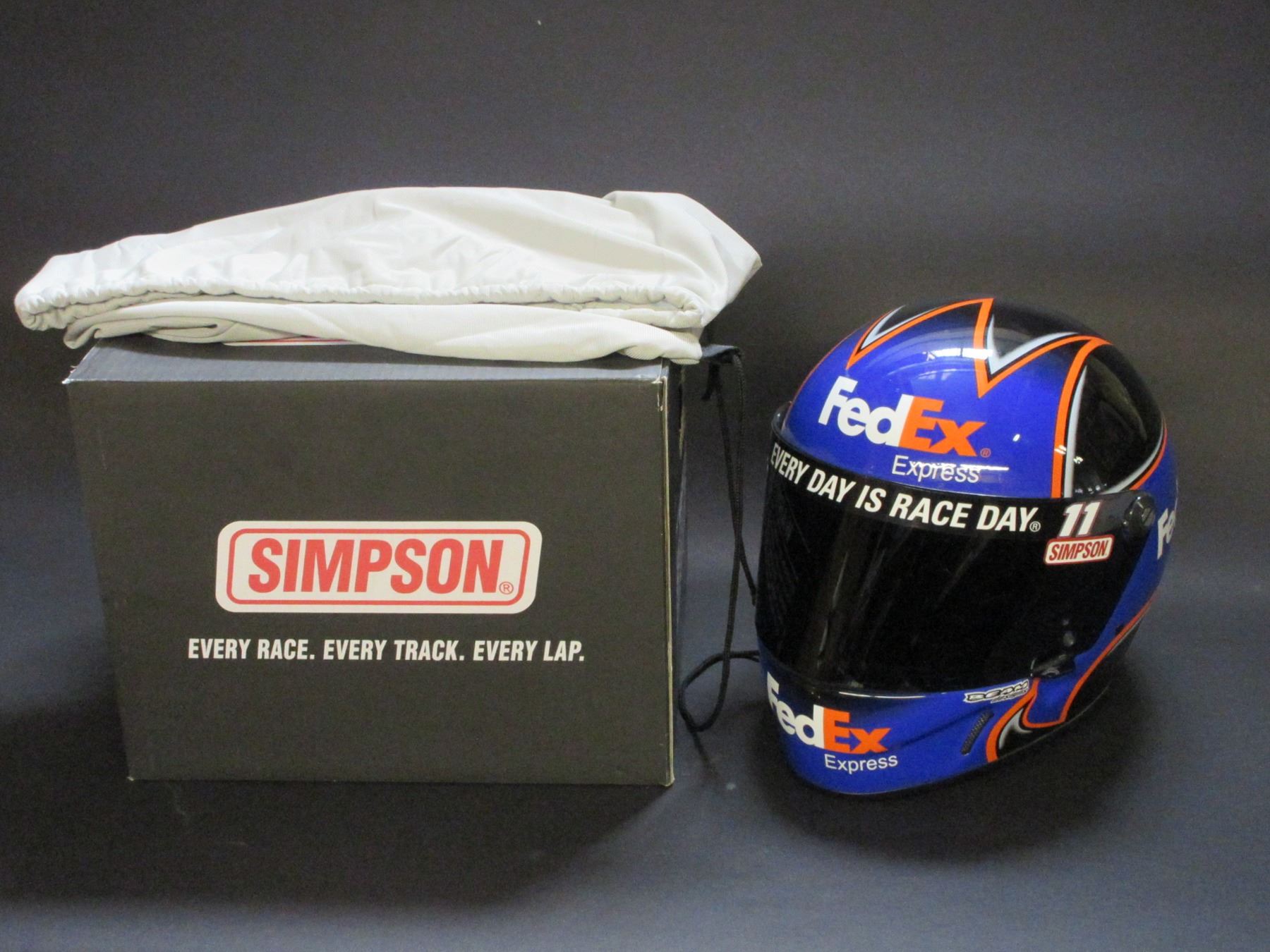 Simpson Real Replica Racing Helmet- Signed by Denny Hamlin- Box