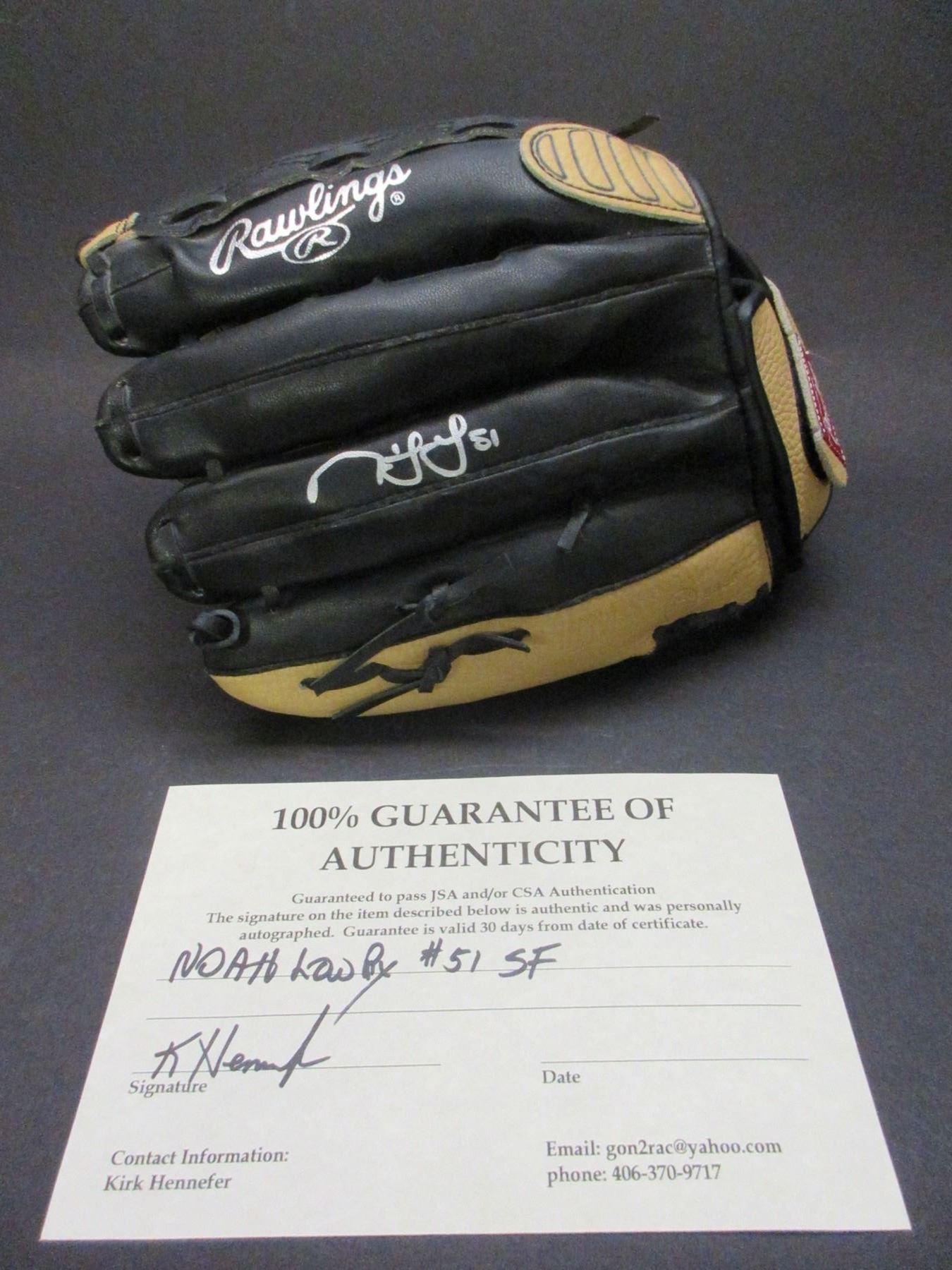 Signed Noah Lowry Rawlings Baseball Glove- 2 Signed Photos