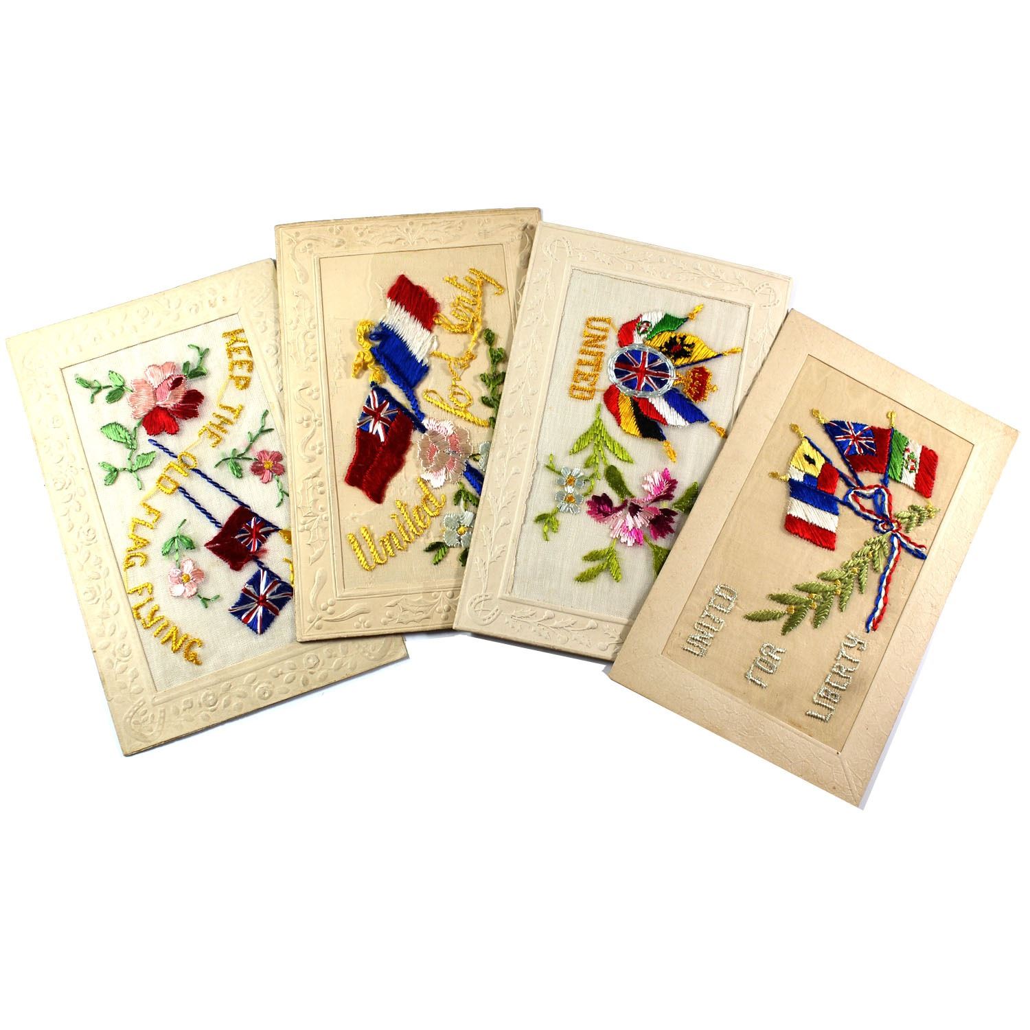 WWI Era Silk Embroidered Patriotic Postcard Collection. You will receive 4 Different Postcards in