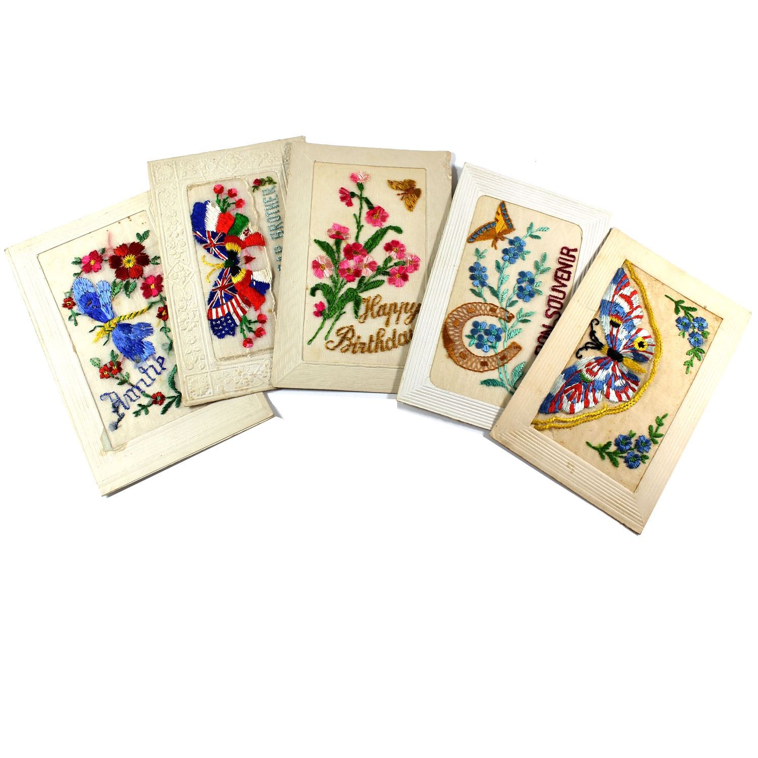 WWI Era Silk Embroidered Greetings Postcard Collection. You will receive 5 Different butterfly des
