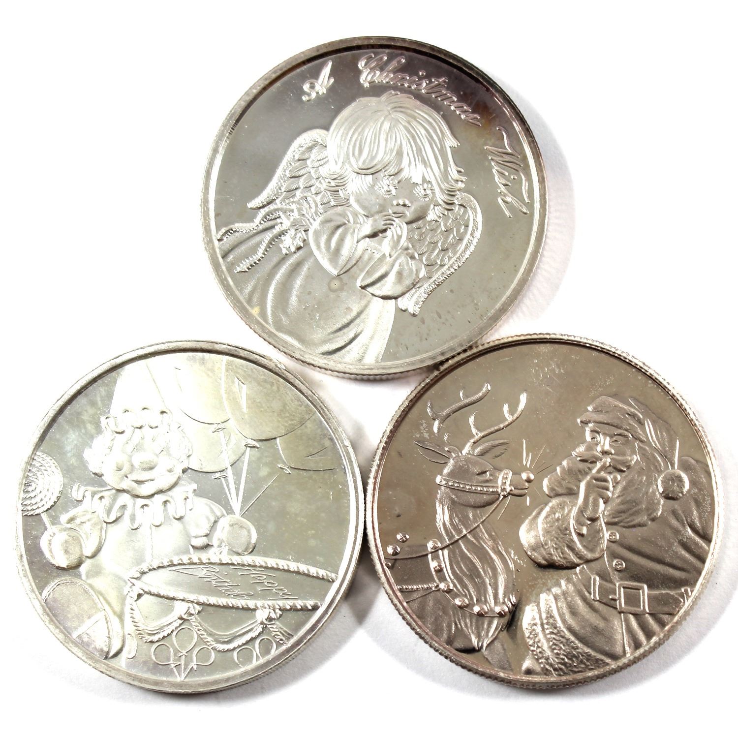 1996 Santa & Rudolph, 1998 Christmas Angel, and 2001 Birthday Clown 1oz ...