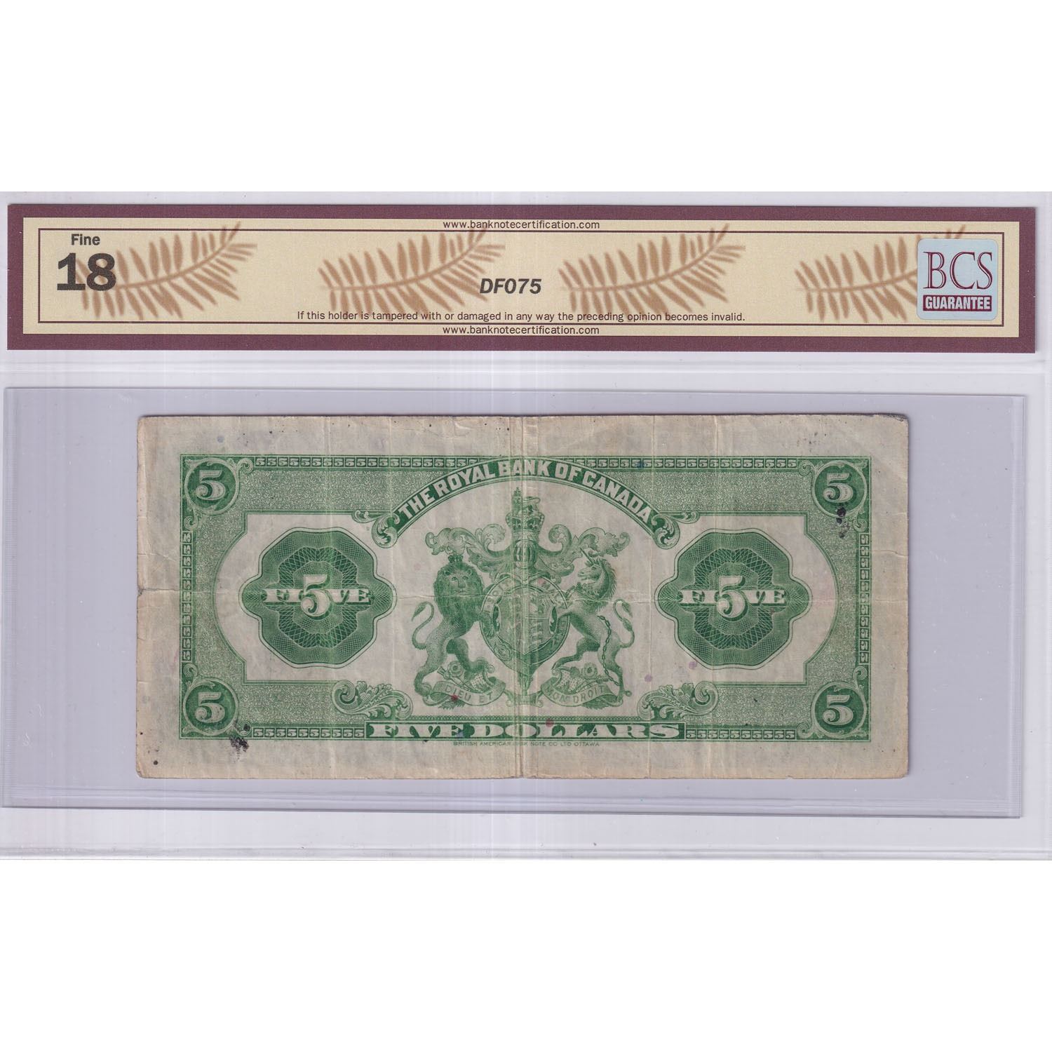 1943 $5 630-20-02, Royal Bank of Canada, Dobson-Wilson, Check Letter B ...