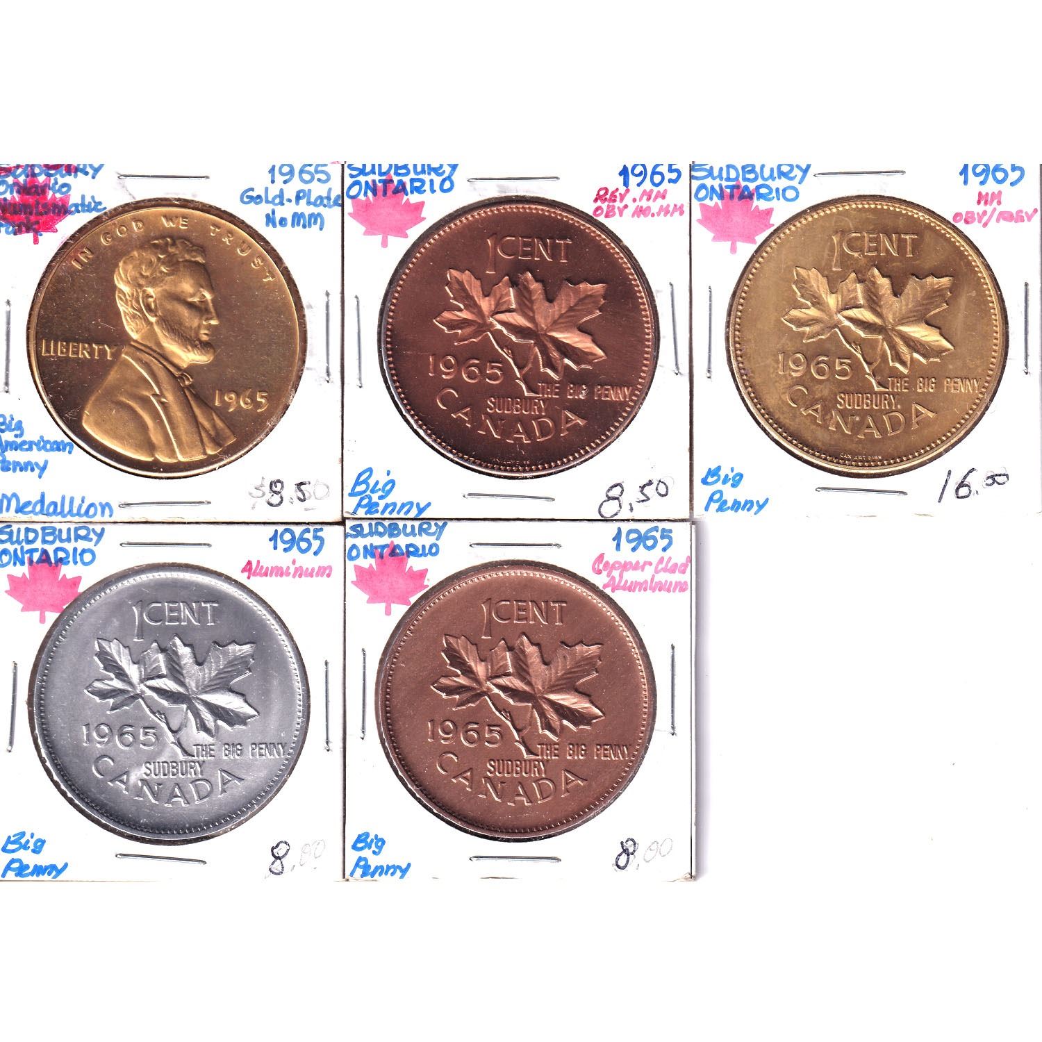 Lot of 5x Sudbury Ontario Big Penny Tokens in various medals. 5pcs