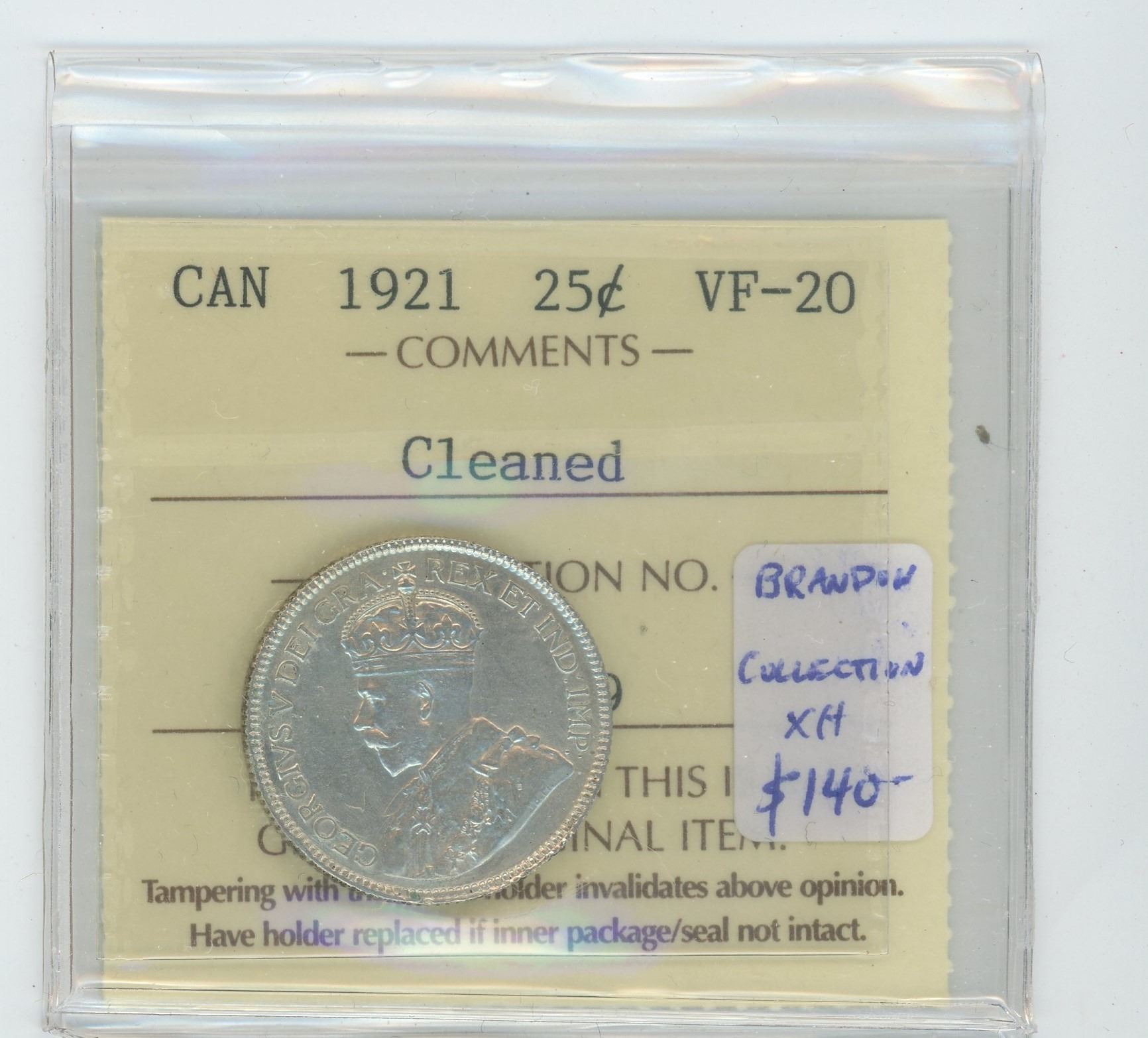 1921 SILVER 25 CENTS. ICCS GRADED VF-20 CLEANED. A CERTIFIED KEY DATE COIN.