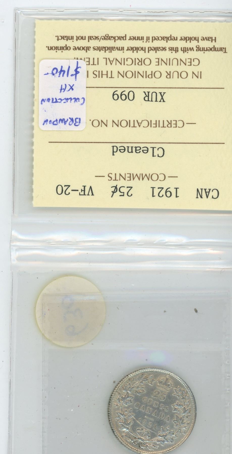 1921 SILVER 25 CENTS. ICCS GRADED VF-20 CLEANED. A CERTIFIED KEY DATE COIN.