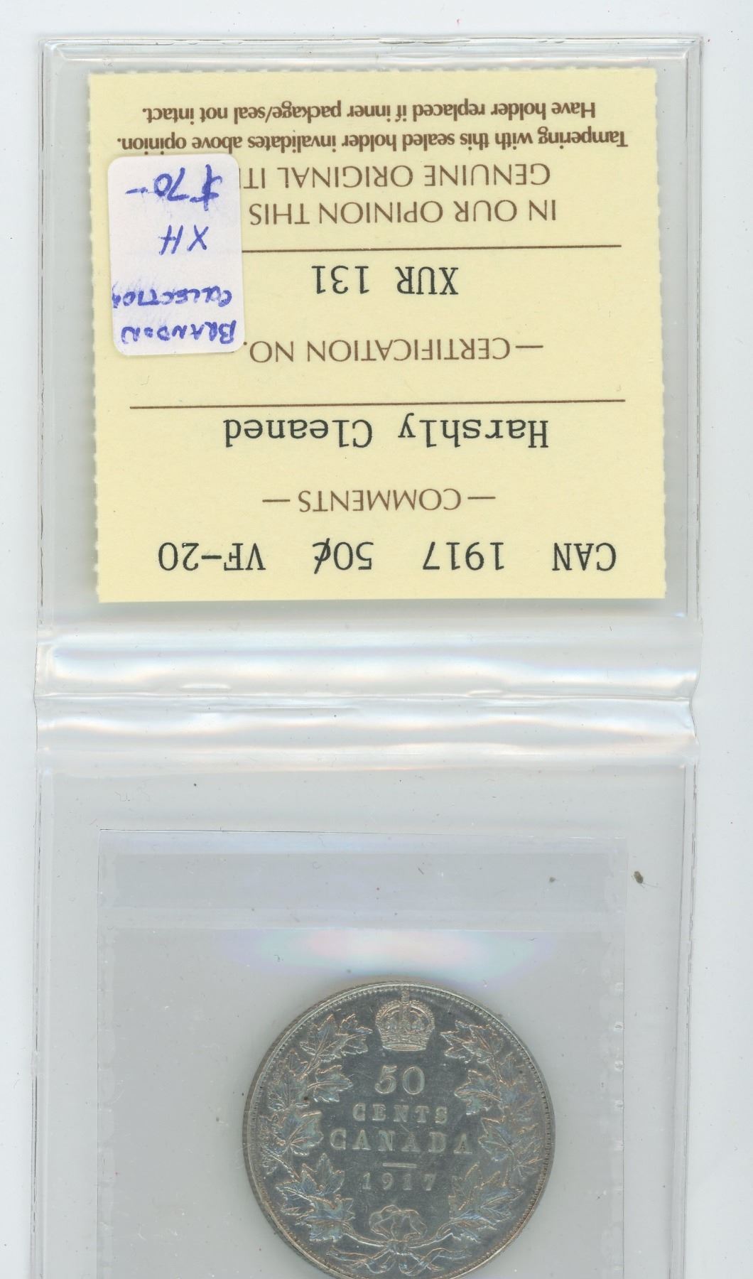 1917 SILVER 50 CENTS. ICCS GRADED VF-20 HARSHLY CLEANED. A CERTIFIED KEY DATE COIN.