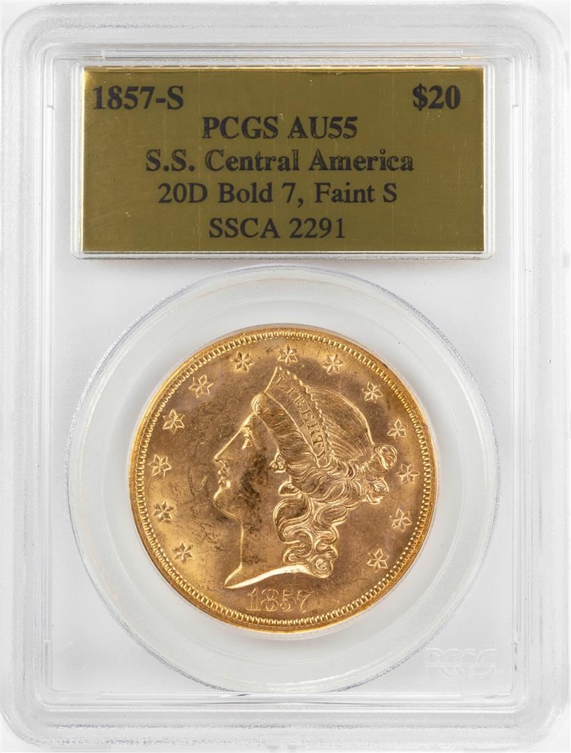 S.S. Central America 1857-S $20 Liberty Head Double Eagle Gold Coin PCGS AU55 Shipwreck