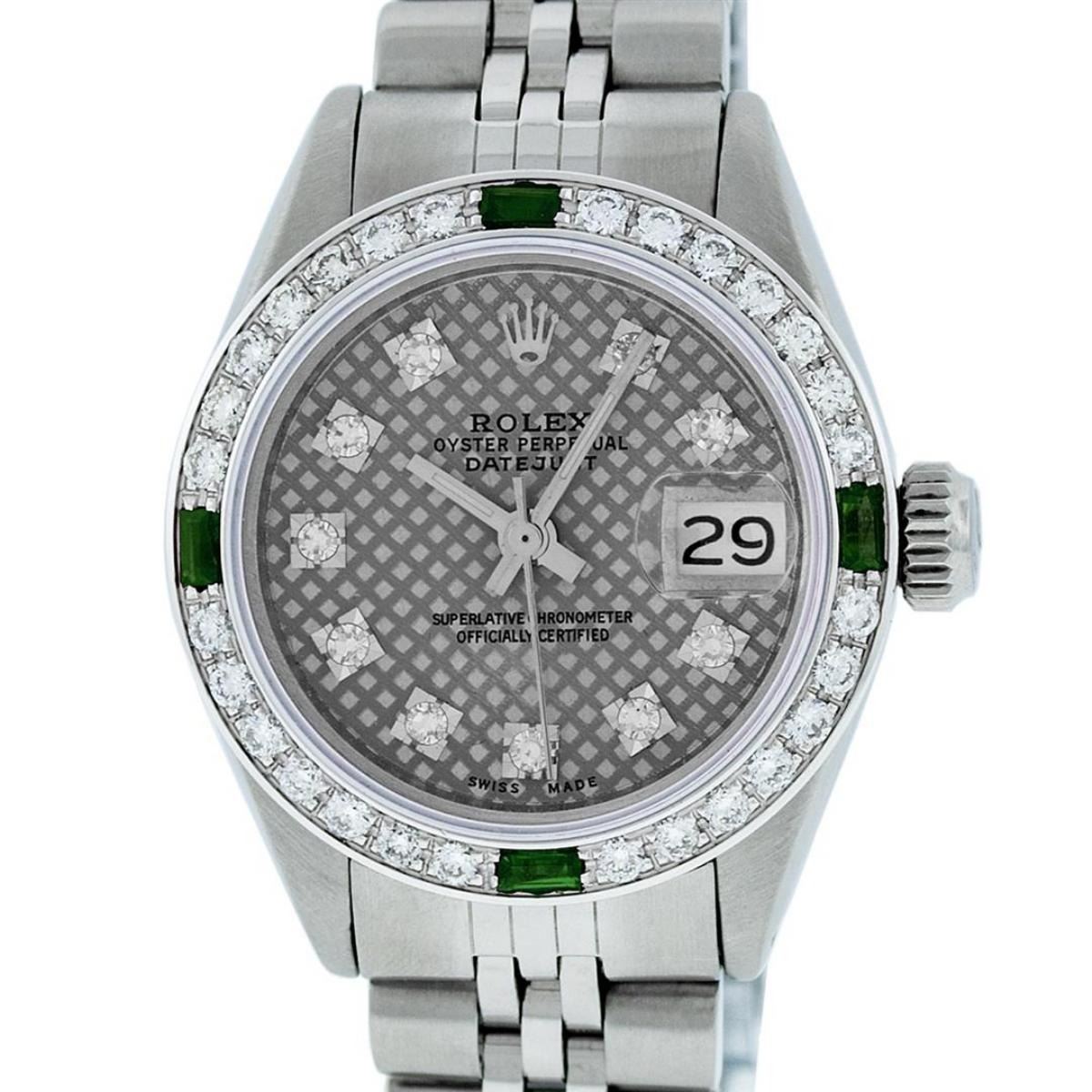 Rolex Ladies Stainless Steel Slate Grey Stamp Diamond & Emerald ...