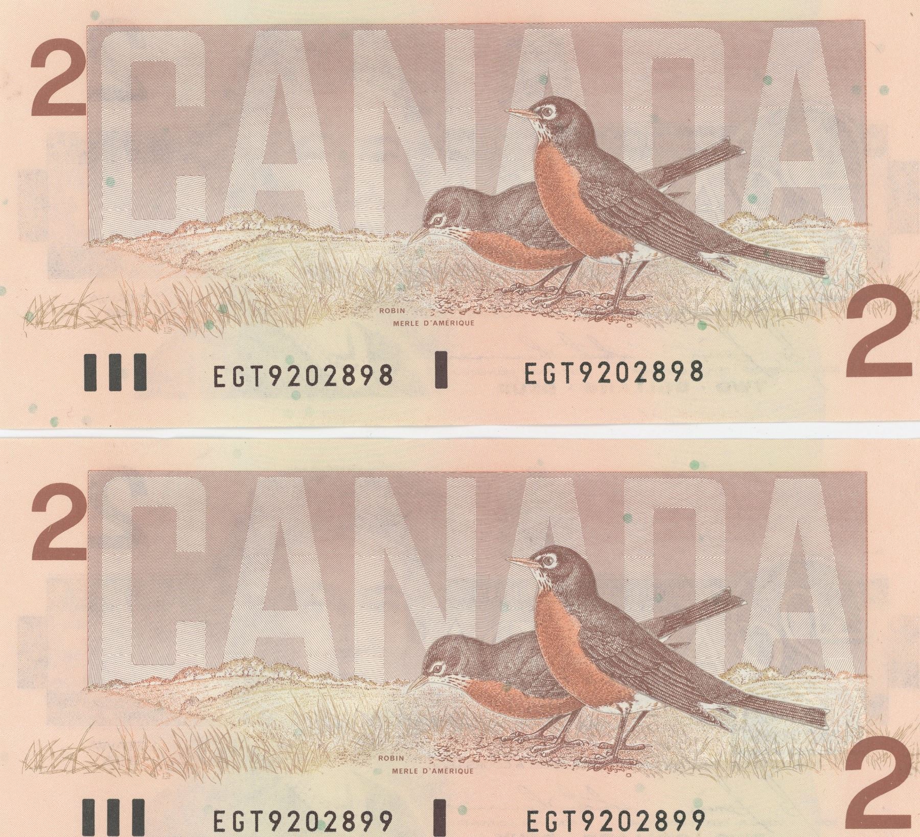 Two 1986 Canadian Two Dollar Bills Sequential Serial Numbers two-1986-canadian-two-dollar-bills-sequential-serial-numbers