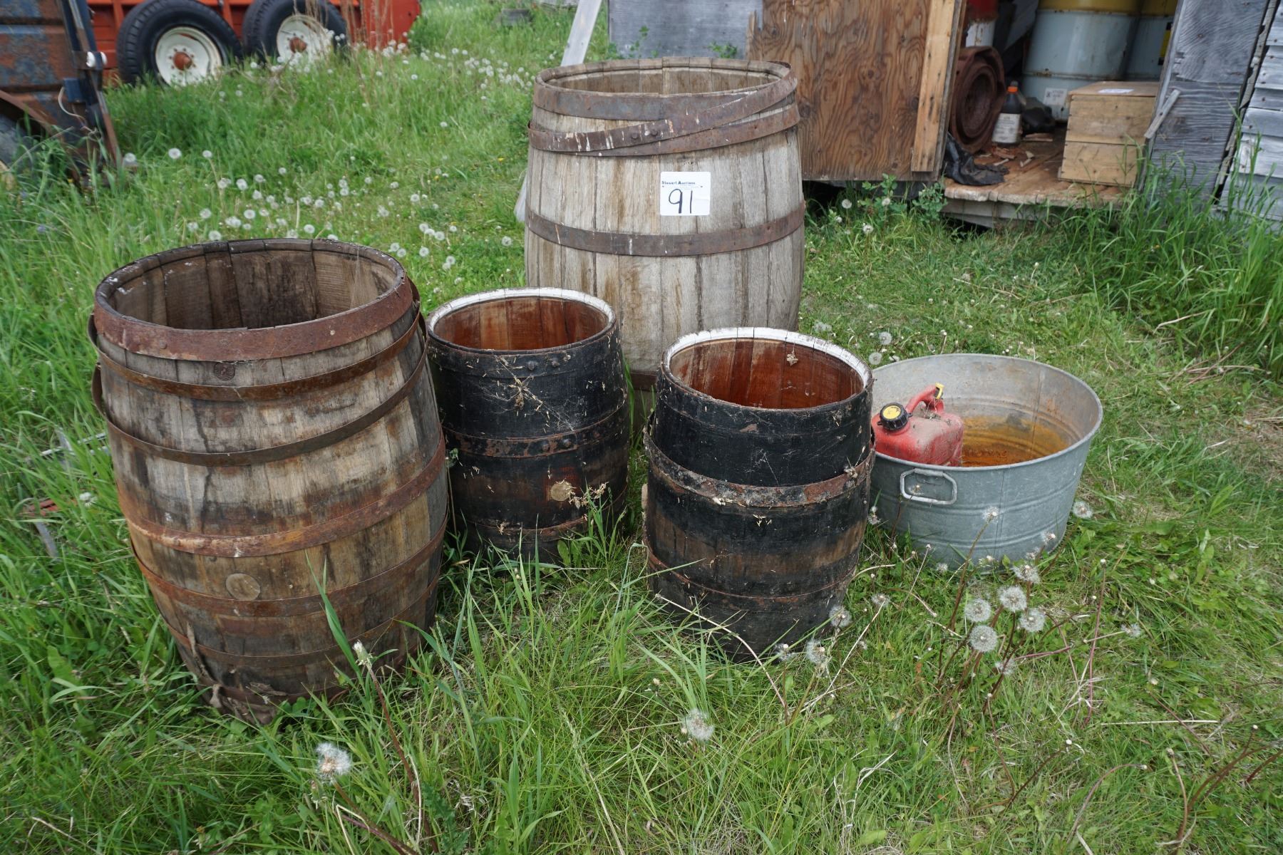 Whiskey Keg, 2 small kegs & wash tub & Jerry can