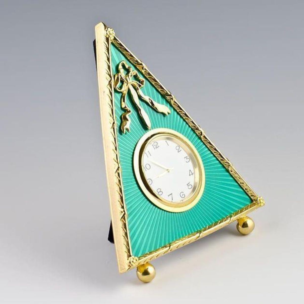 Russian Green Triangle Enameled Guilloche Clock