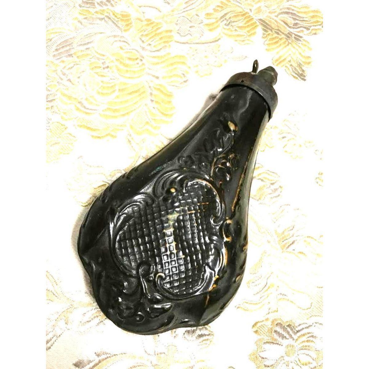 19thc Ornate Embossed Hunting Powder Flask