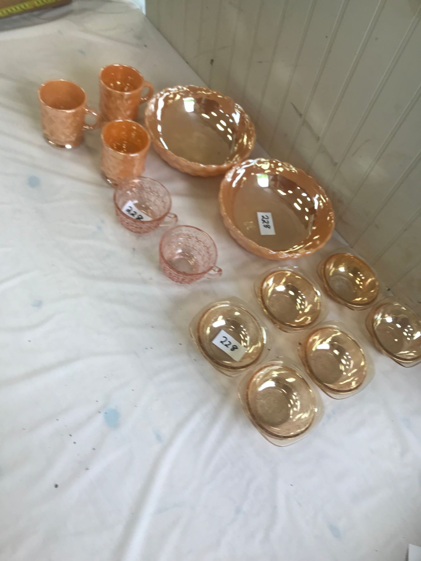 LOT OF PEACH LUSTERWARE, 2-8" BOWLS, 3 CUPS, 2 PINK DEPI CUPS, AND 3 ...
