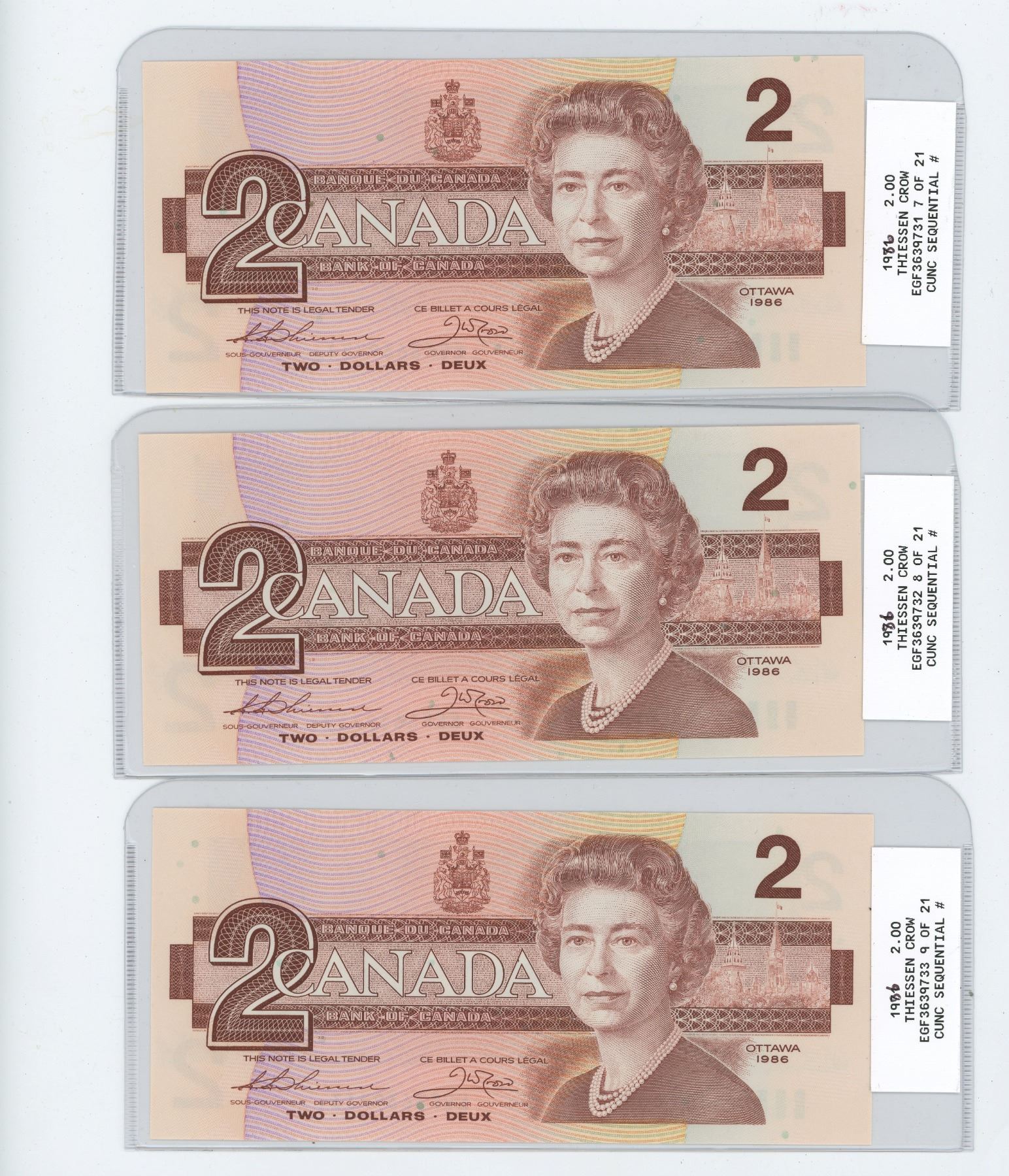 THREE 1986 TWO DOLLAR BILLS (SEQUENTIAL ORDER) *UNCIRCULATED* - Schmalz ...