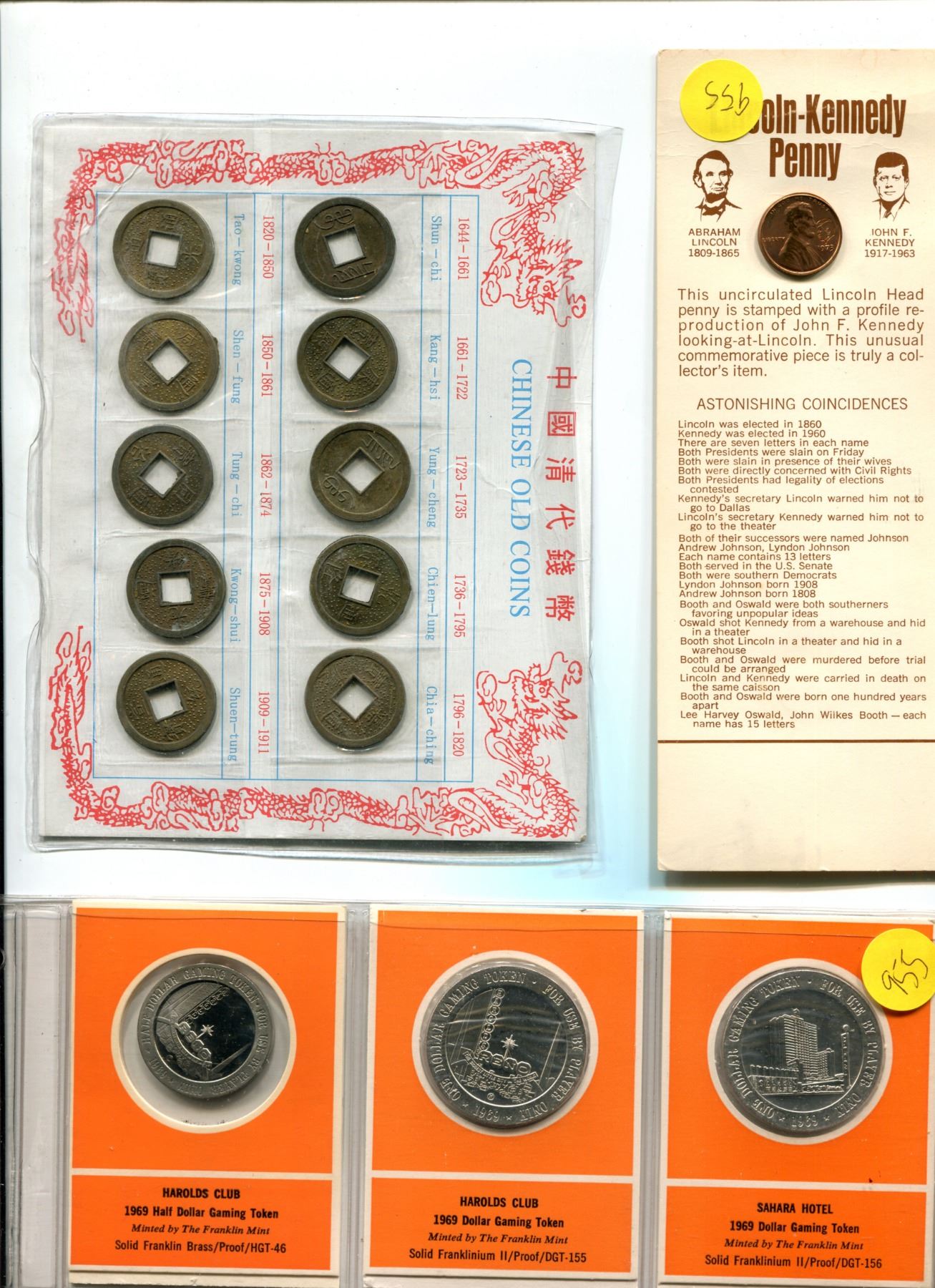 OLD CHINESE COIN COLLECTION SET, THREE LAS VEGAS FRANKLIN MINT TOKENS ...