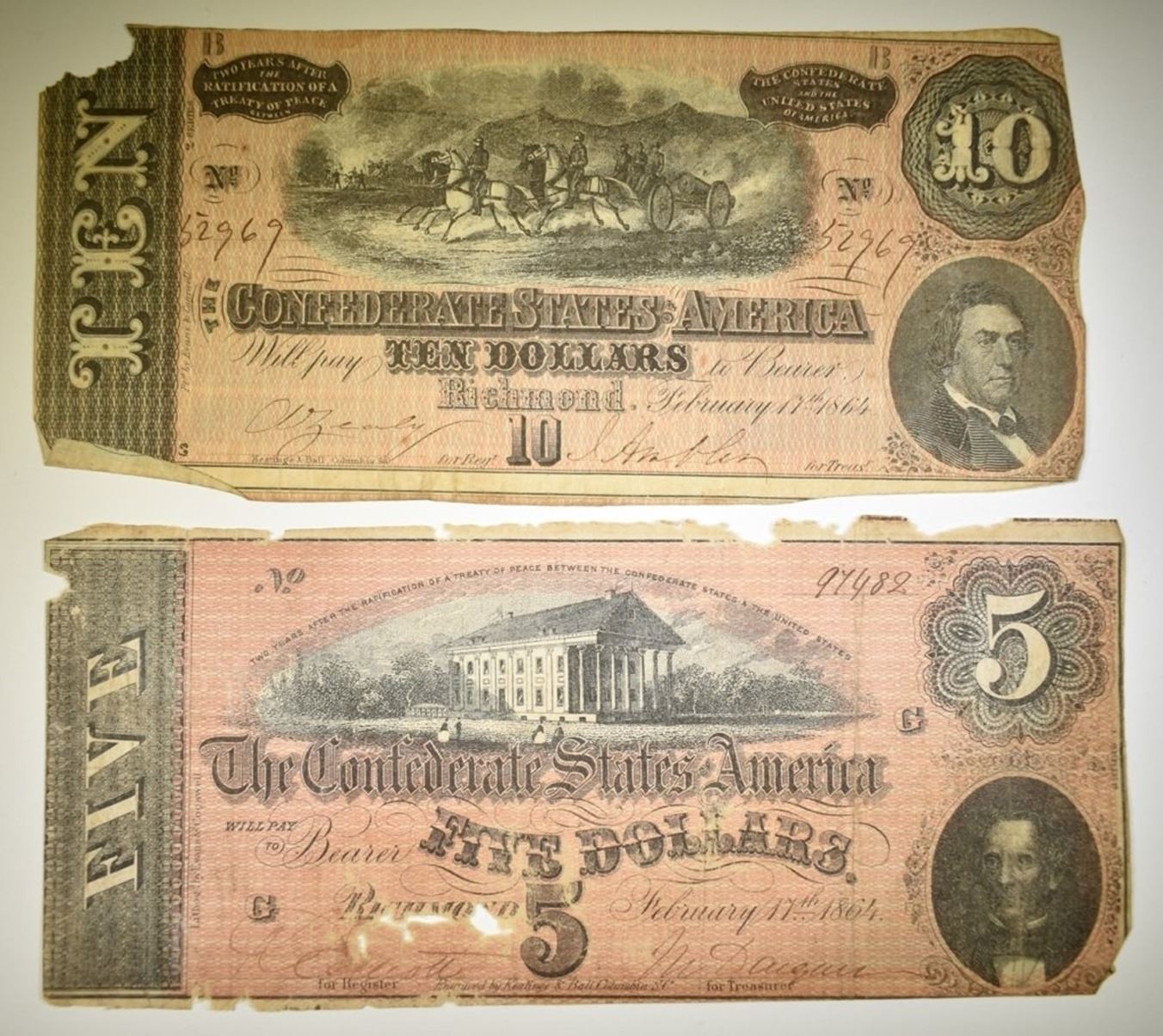 1864 $5 & $10 CONFEDERATE NOTES LOW GRADE