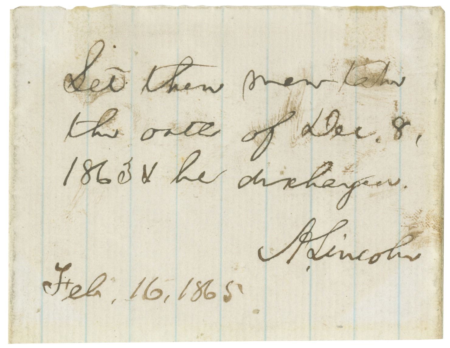Lincoln, Abraham. Autograph endorsement signed ("A. Lincoln") as President.