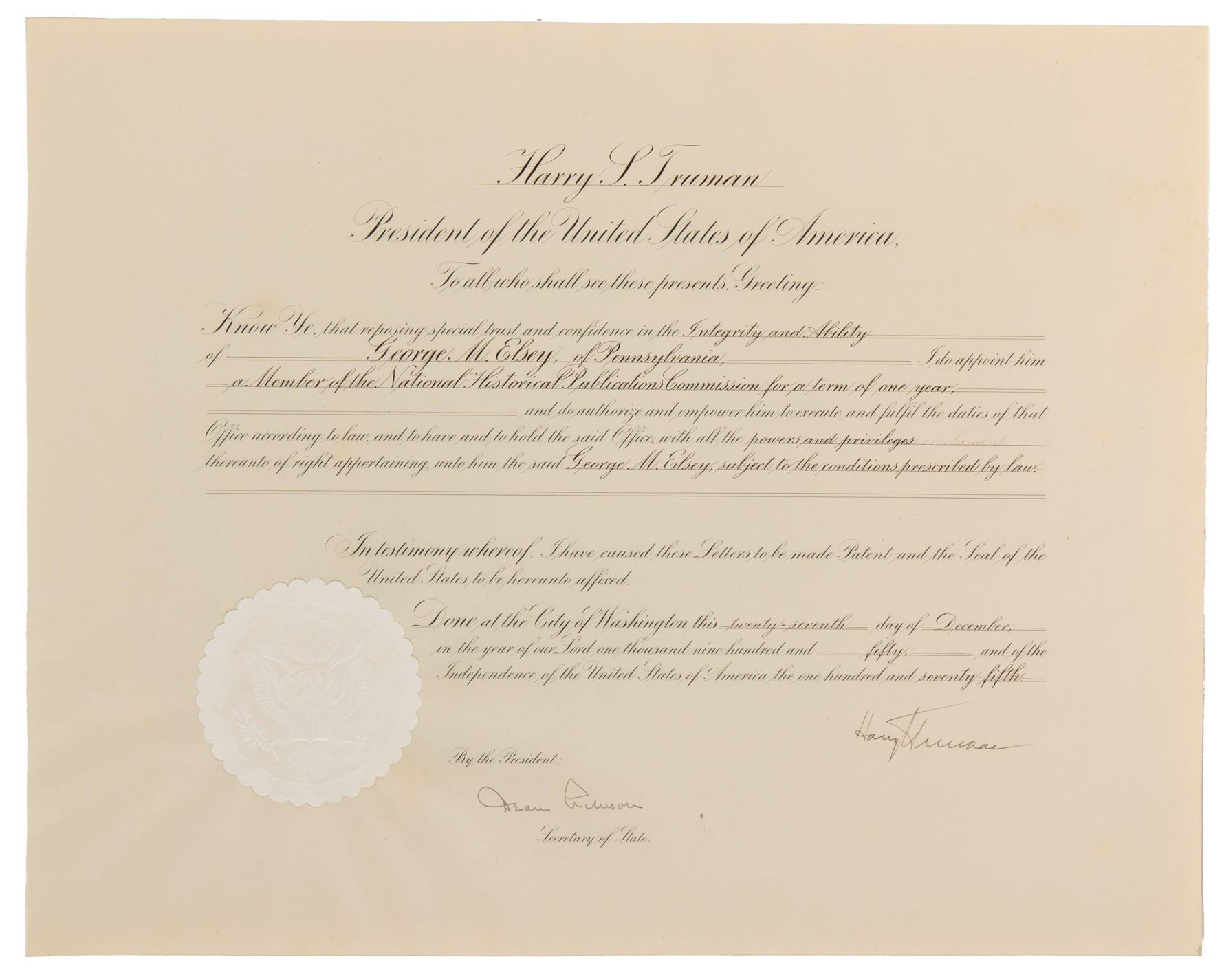 Truman, Harry S. Document signed ('Harry S. Truman') as President.