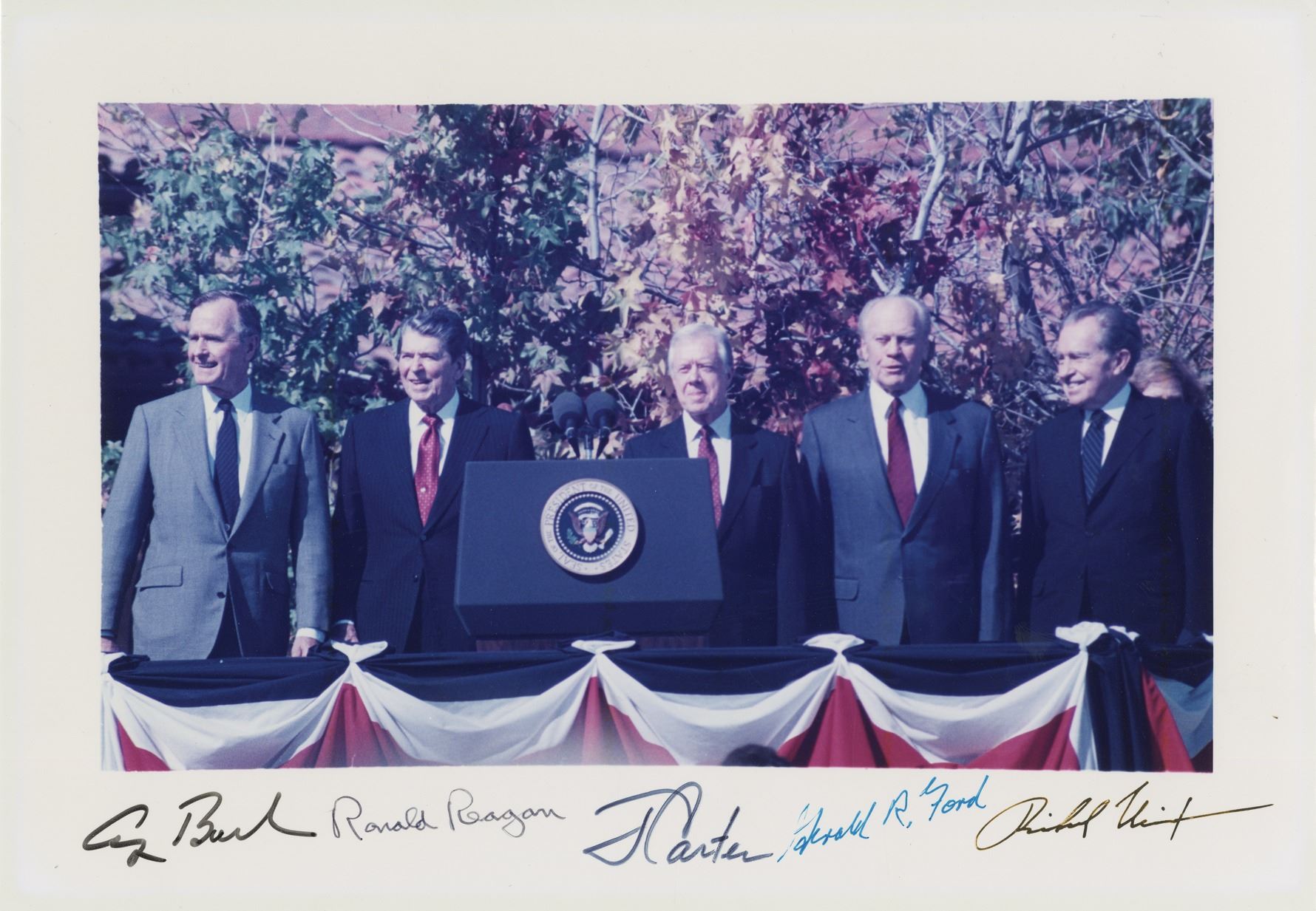 [U.S. Presidents]. Superb color photograph signed by 5 Presidents, Bush ...