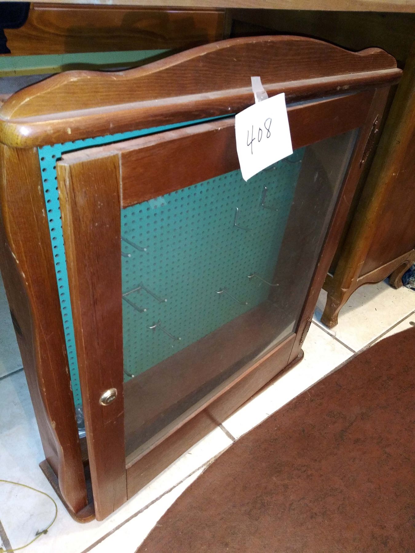 Wooden Gun Display Case, w/ Lock, Pegboard and Hooks