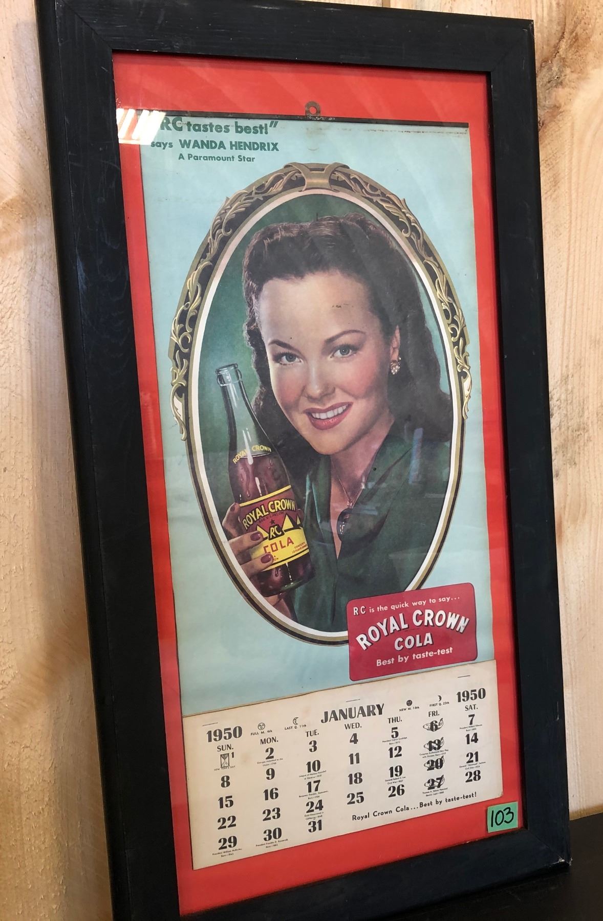1950 ROYAL CROWN COLA FRAMED CALENDAR - Kidd Family Auctions 1950 ROYAL CROWN COLA FRAMED CALENDAR - Kidd Family Auctions