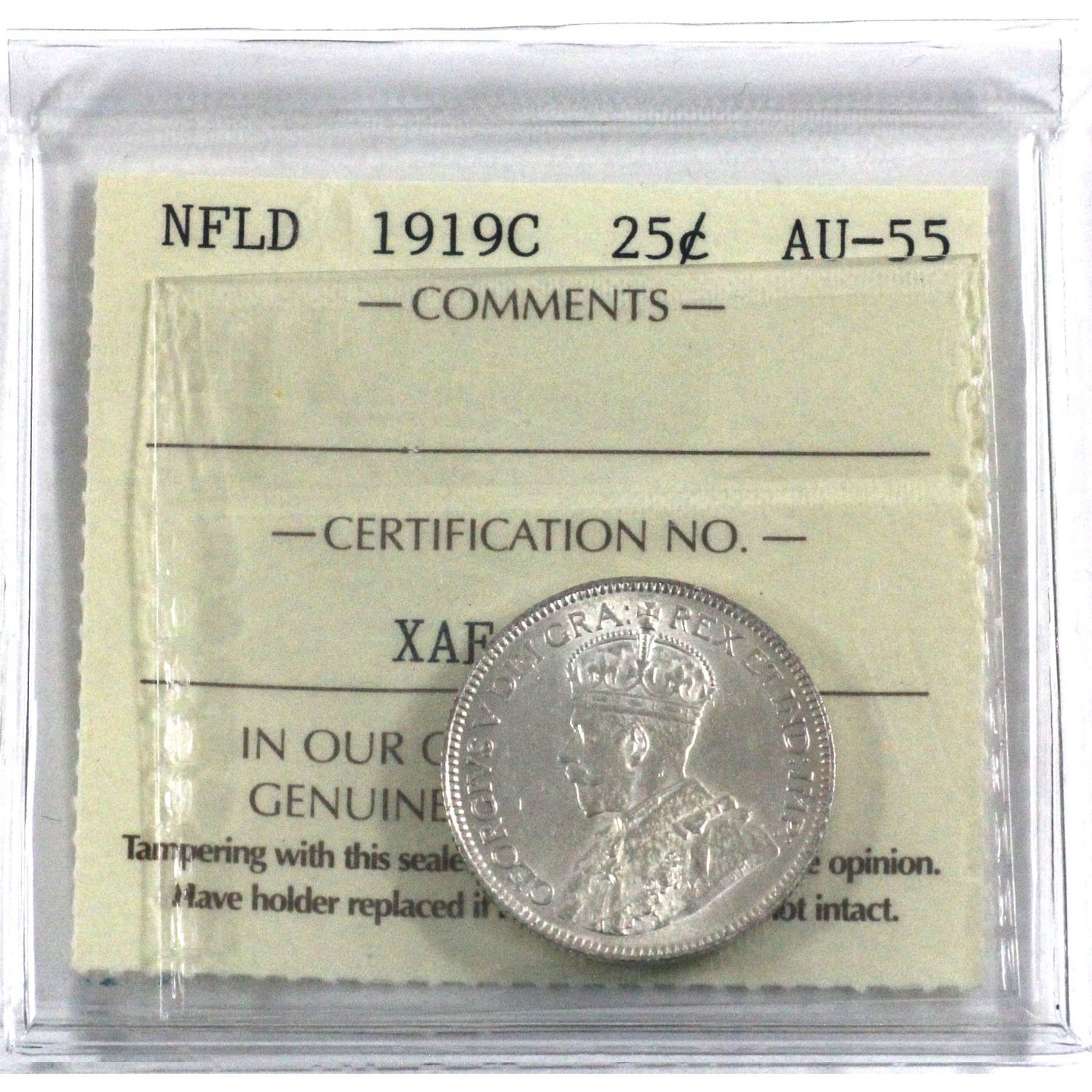 Newfoundland 25-cent 1919-C ICCS Certified AU-55.