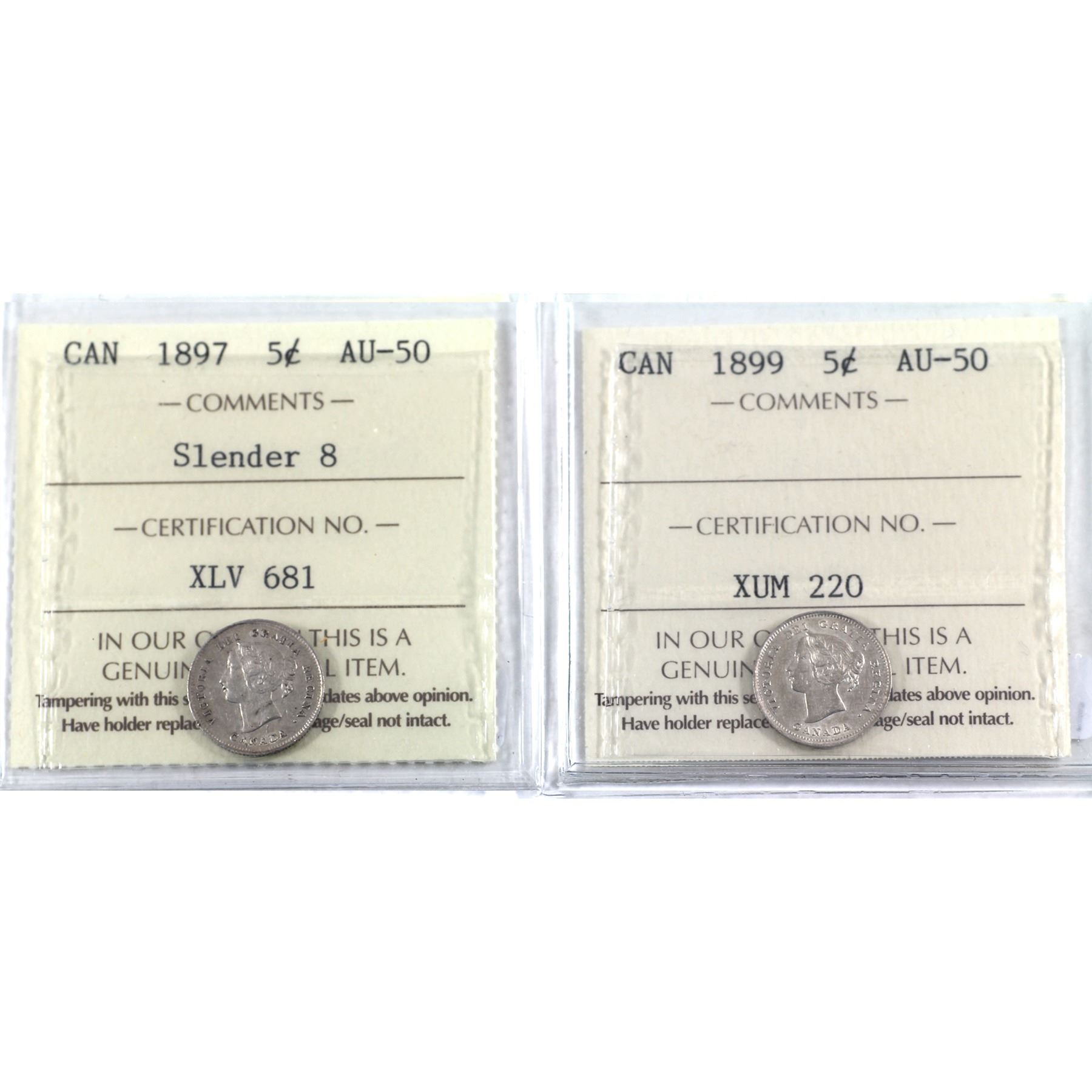 5-cent 1897 Slender 8 & 1899 ICCS Certified AU-50. 2pcs.