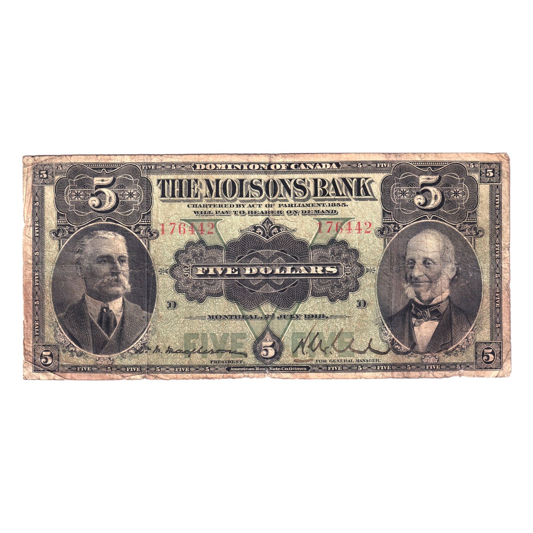 490-38-02 1918 Molson's Bank $5, Macpherson-Various, S/N: 176442-D, PMG ...