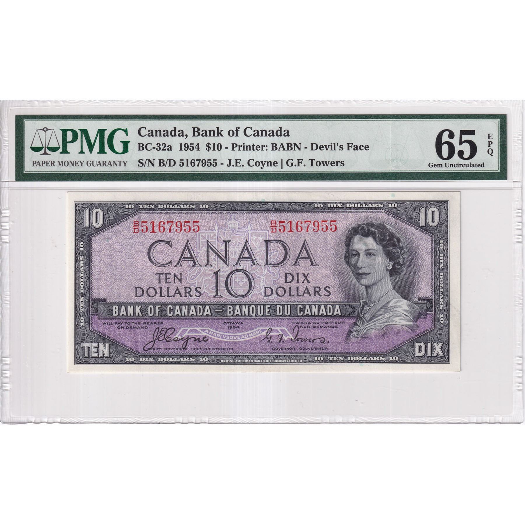 BC-32a 1954 Bank of Canada Devil's Face $10 Coyne-Towers, S/N: B/D5167955, PMG Certified GEM UNC-65