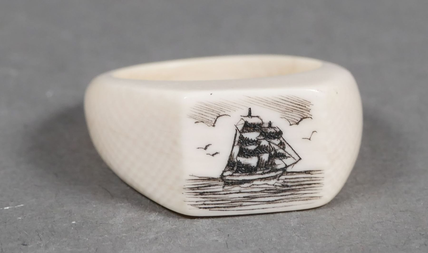 Old Carved Ivory Scrimshaw Ring of Ship Sailboat