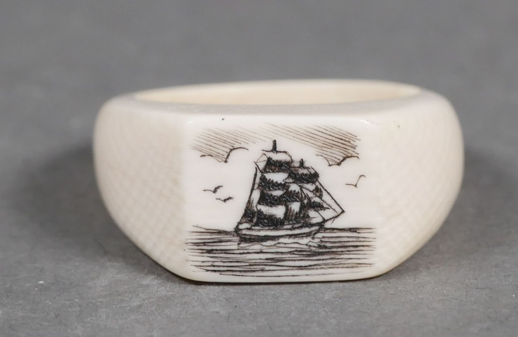 Old Carved Ivory Scrimshaw Ring of Ship Sailboat