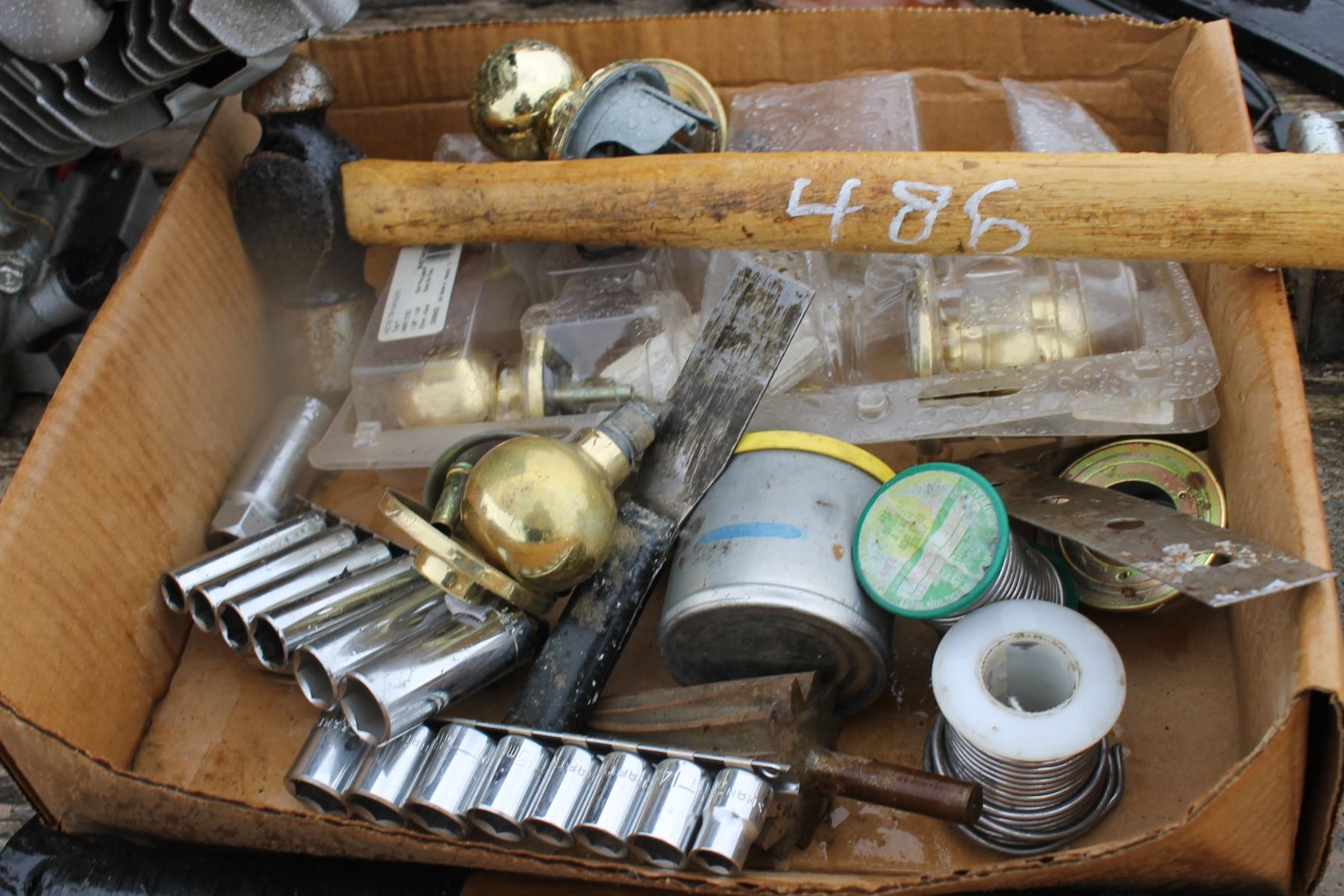 BOX WITH SOCKETS, SOLDERING WIRE, HAMMER, ETC