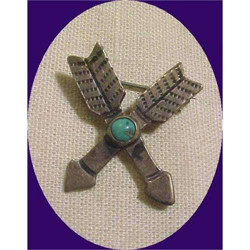 Old Crossed Arrows Silver & Turquoise Pin #1065082