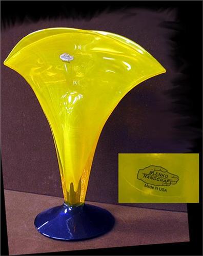 Blenko Yellow Fan vase with blue vase 1