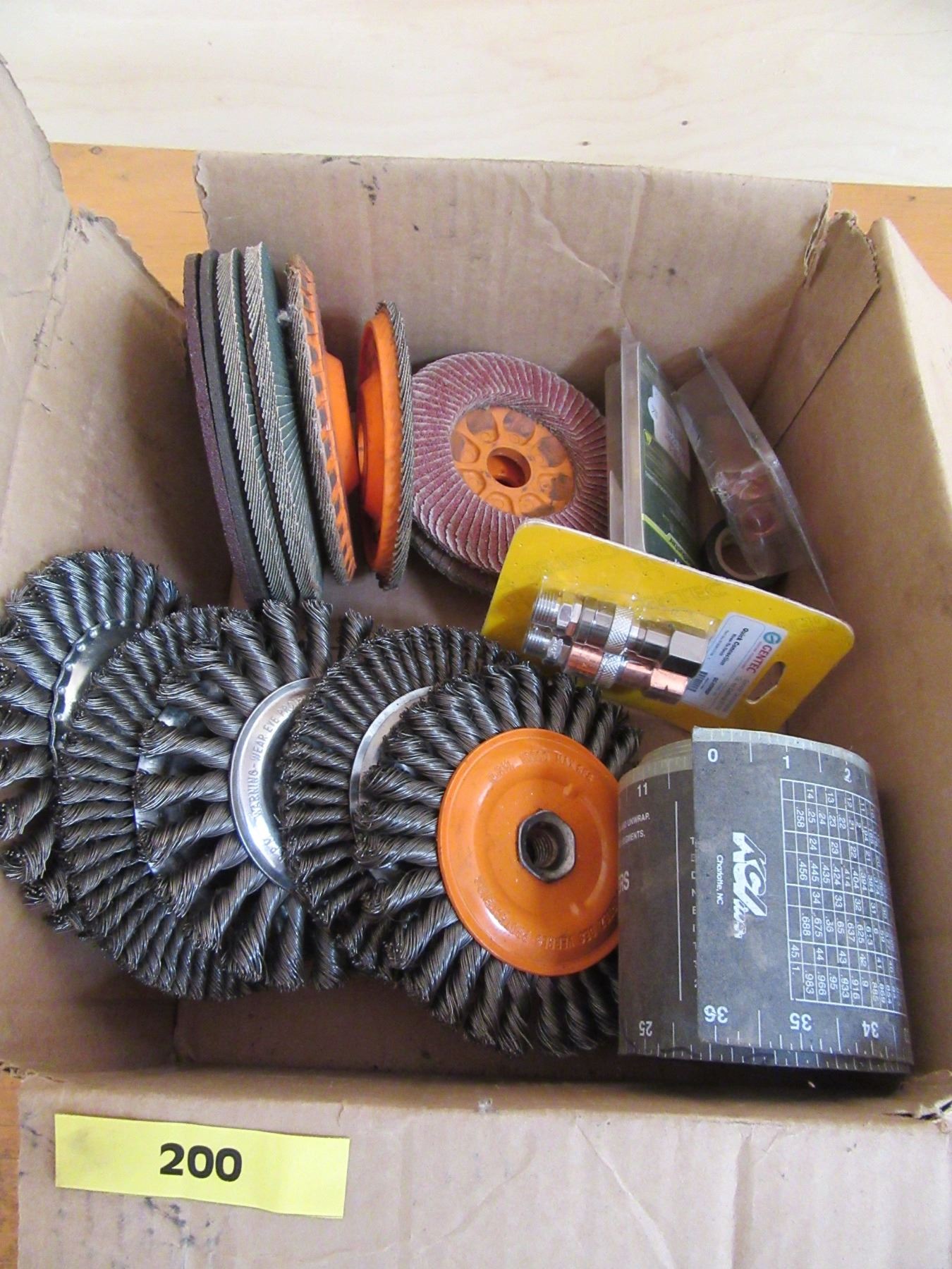 BOX WITH ASSORTED WIRE BRUSH WHEELS, FLAPPER WHEELS, ETC