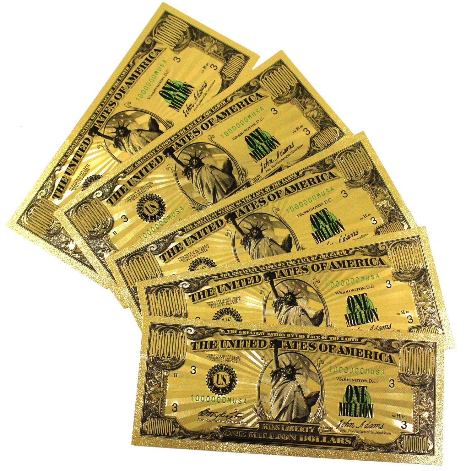 Lot of 5x $1 Million United states Novelty Golden Banknotes. Notes are ...
