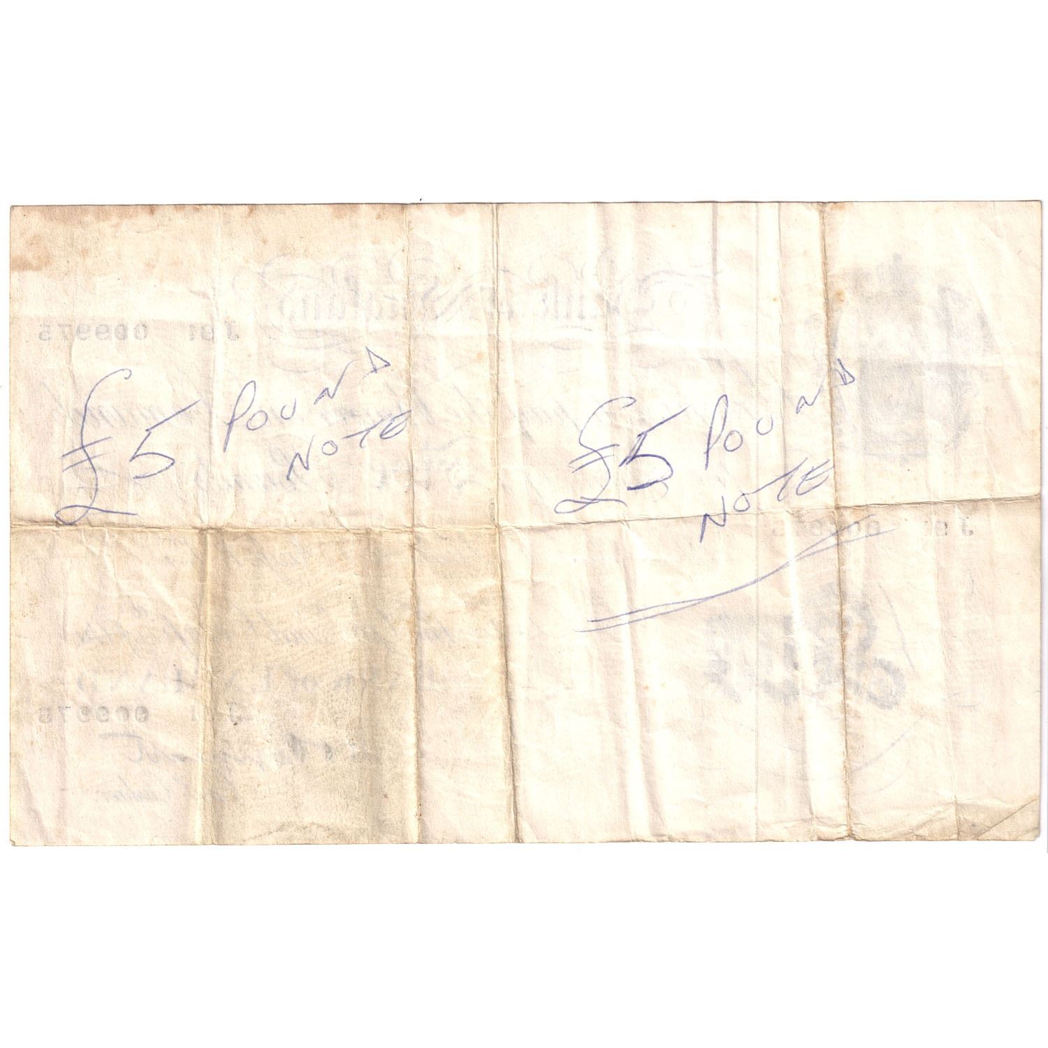 BE92b 1945 Great Britain 5 Pound Note, VF (Writing on back of note).