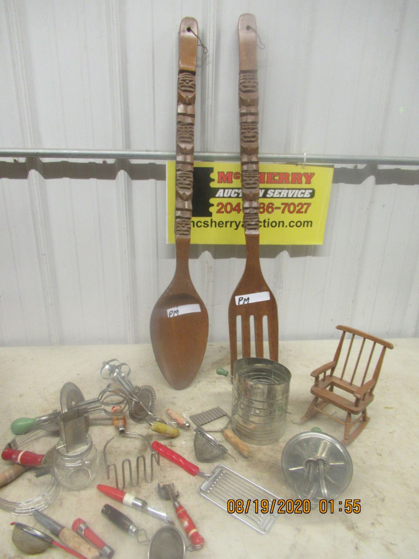 Large Wooden Spoon & Fork Display, & Vintage Kitchen Utensils